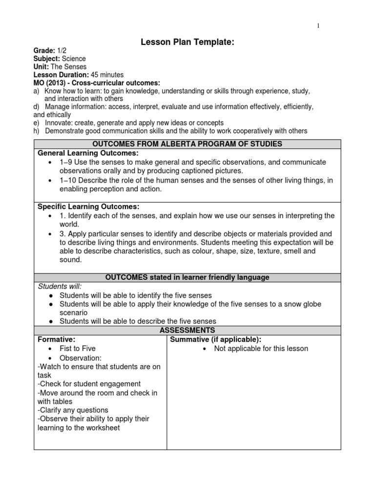 Lesson Plan Template:: Outcomes From Alberta Program of Studies General ...