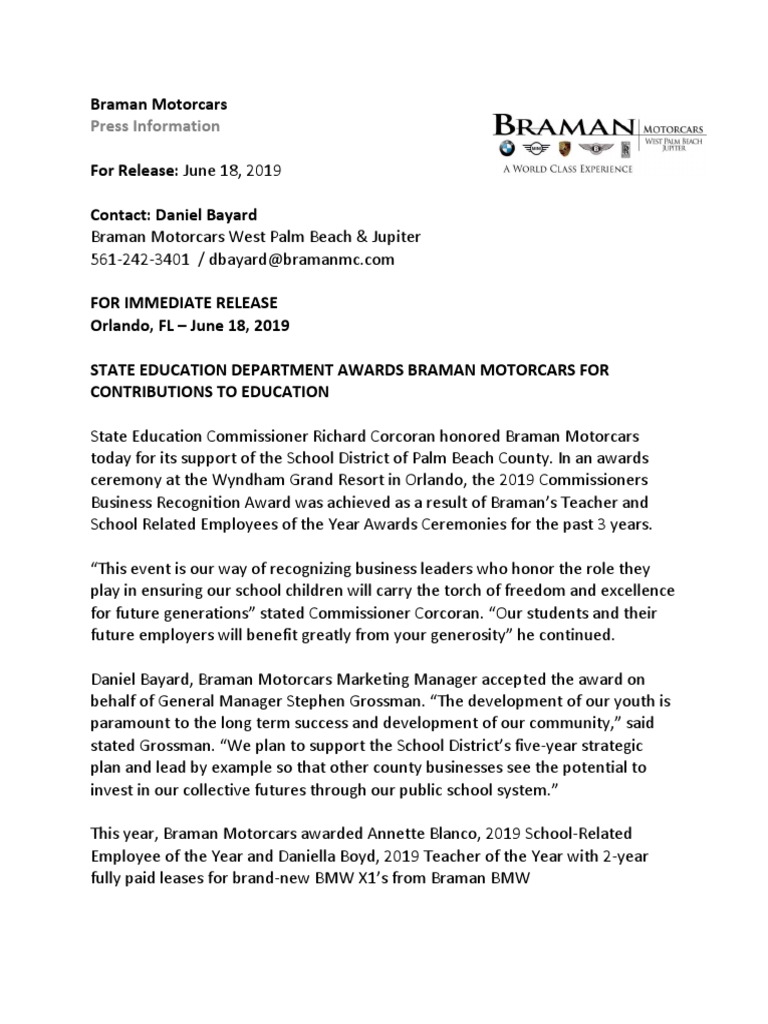 Press Release - State Commissioner of Education Awards Braman Motorcars ...