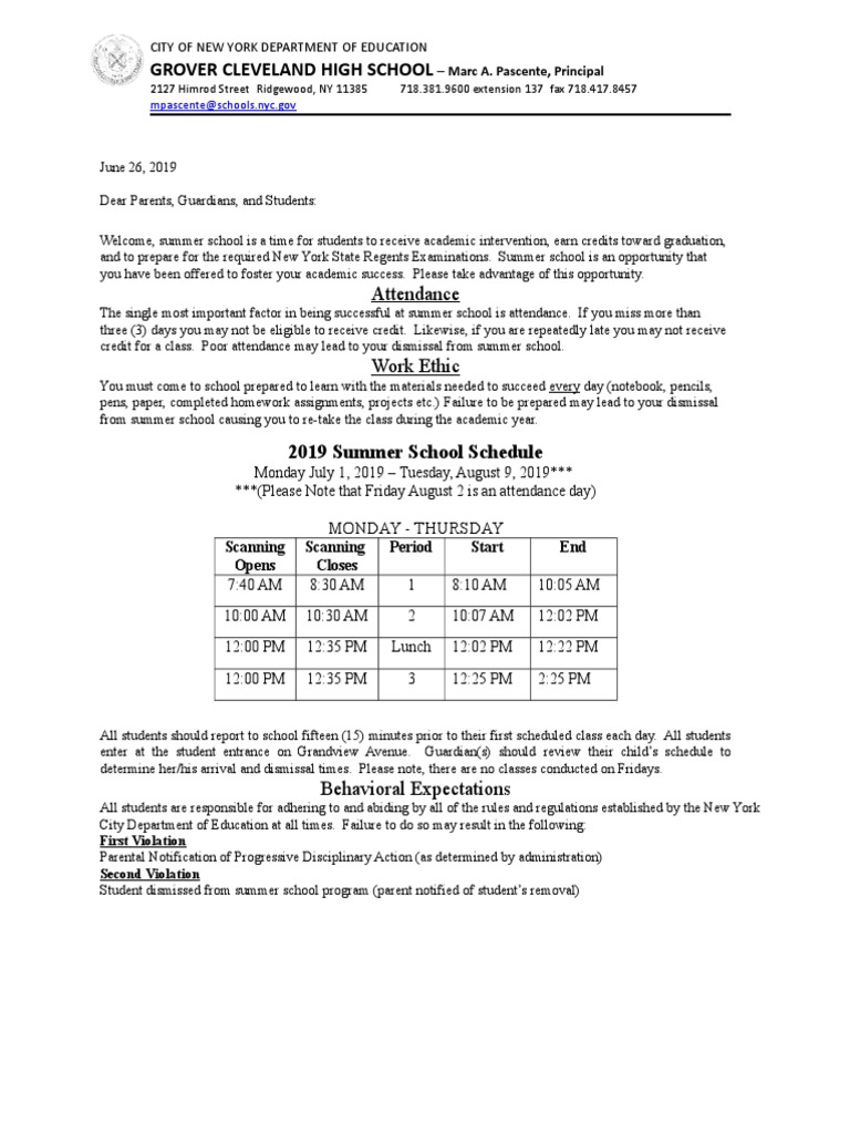 2019 Summer School Guidelines at Grover Cleveland | PDF | Clothing ...