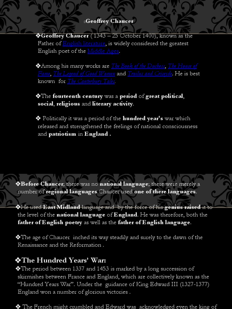 Geoffrey Chaucer: English Literature Middle Ages | PDF | Geoffrey ...