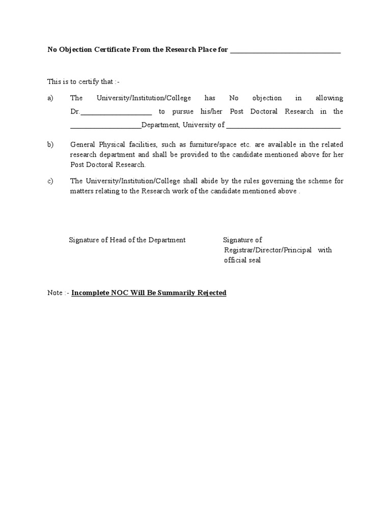 No Objection Certificate From The Research Place For | PDF