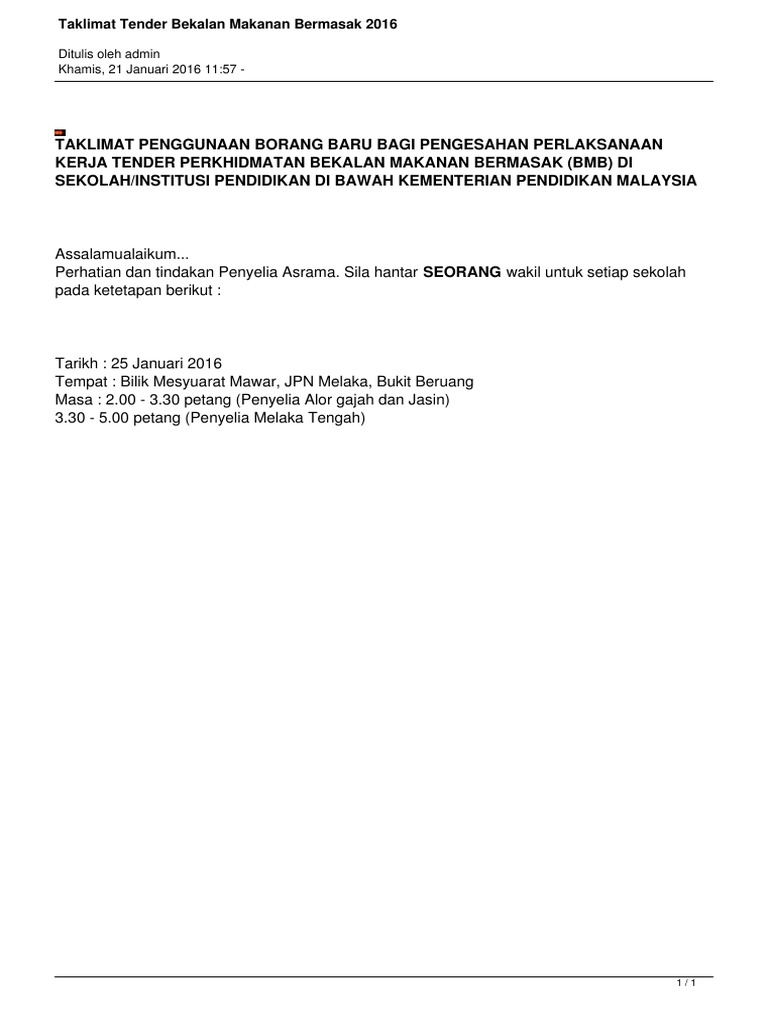 Taklimat Tender Bekalan Makanan Bermasak 2016 PDF | PDF