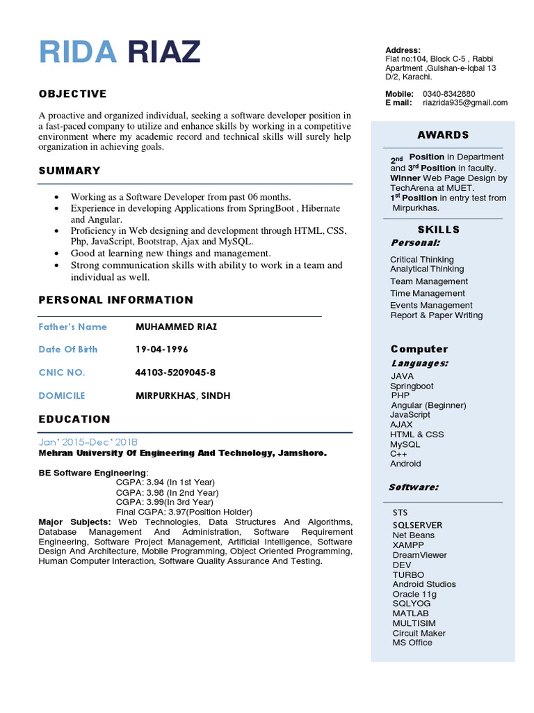 Rida Riaz CV | PDF | Ajax (Programming) | Web Design