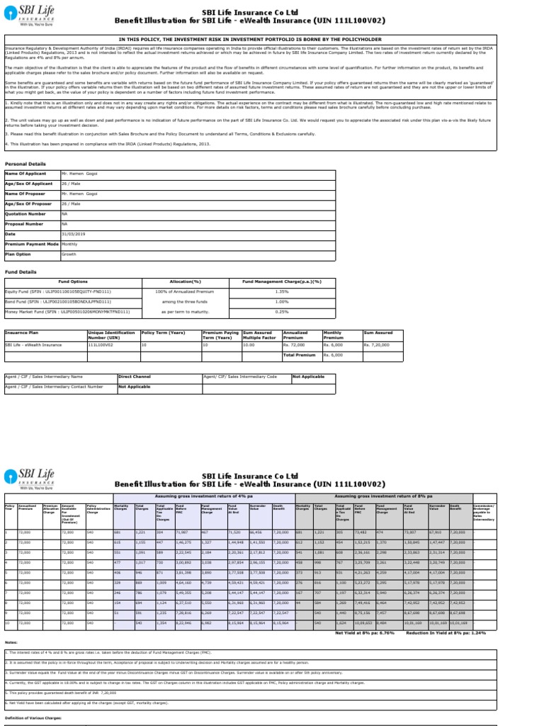 Sbi Life Insurance Co LTD Benefit Illustration For Sbi Life - Ewealth ...