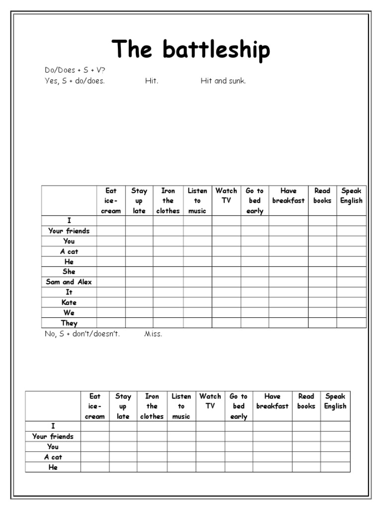 Battleship Game: Present Simple Practice | PDF
