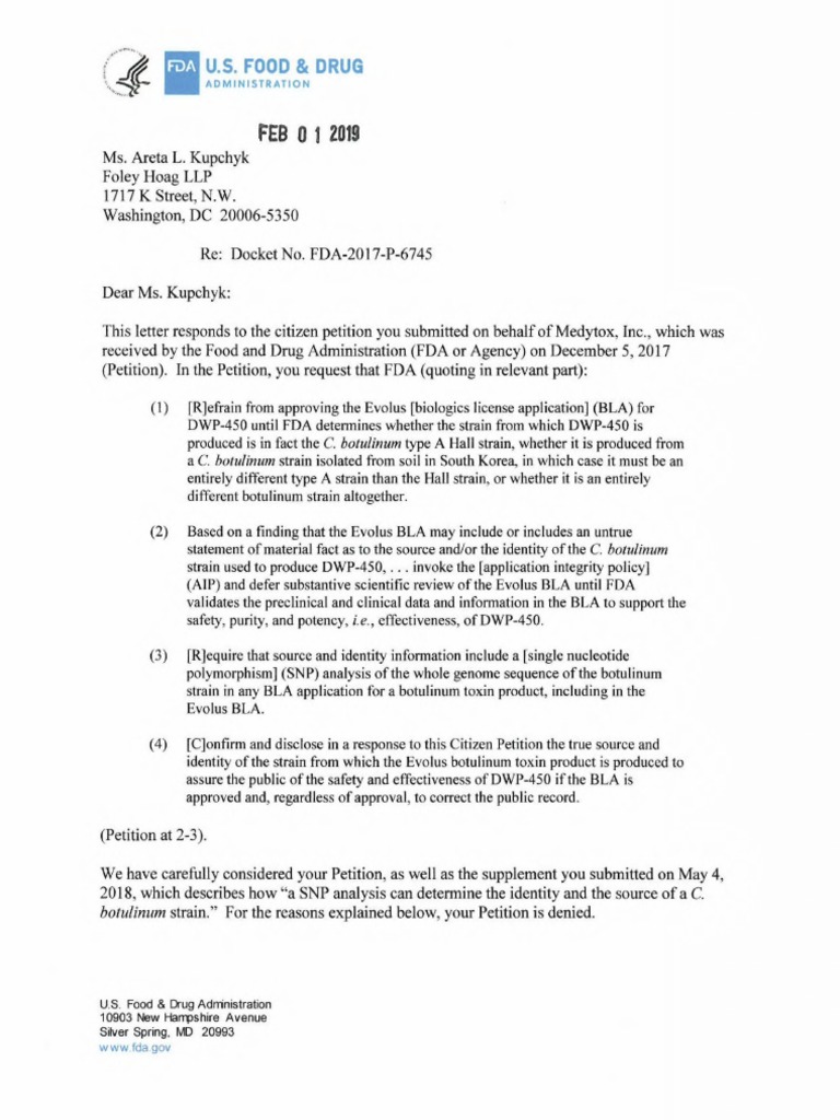 Response Letter From FDA CDER To Foley Hoag LLP | PDF | Botulinum Toxin ...