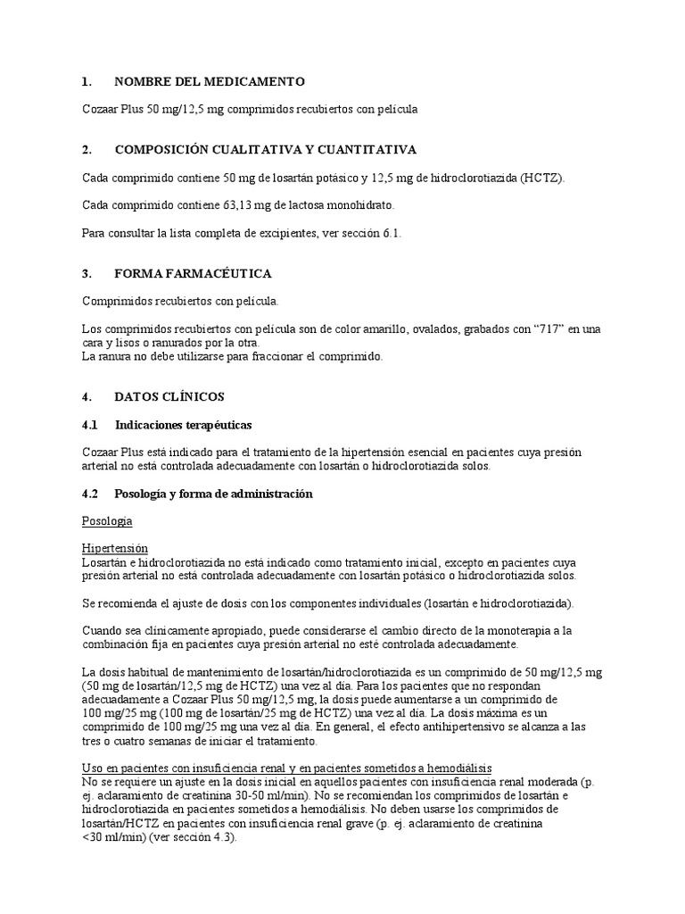 Cozaar Plus Ficha Tecnica | PDF | Angiotensina | Hipertensión