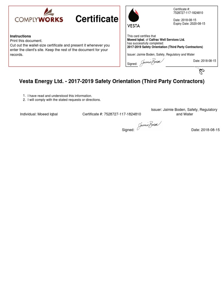 Certificate: Vesta Energy Ltd. - 2017-2019 Safety Orientation (Third ...