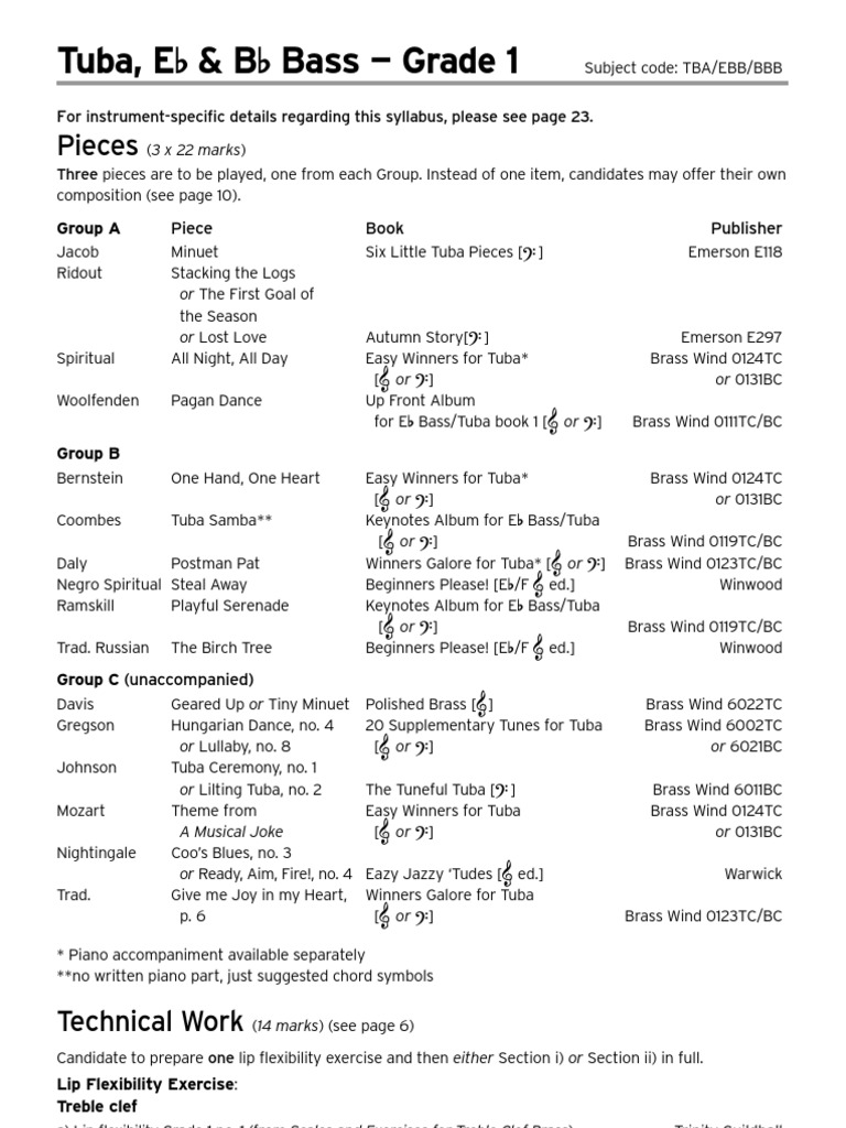 Tuba & Bass Scale Syllabus - Grade 1 | PDF | Tuba | Scale (Music)
