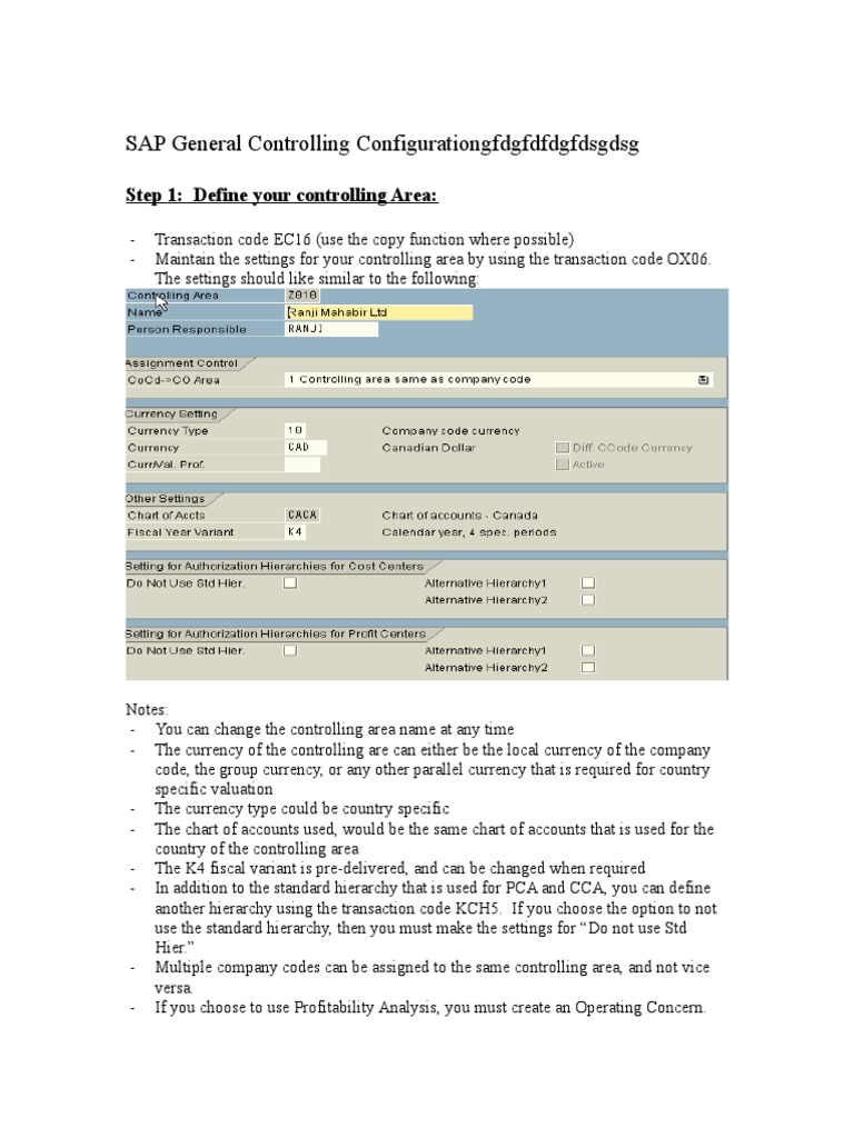 Sap General Controlling Configurationgfdgfdfdgfdsgdsg Step 1 Define Your Controlling Area