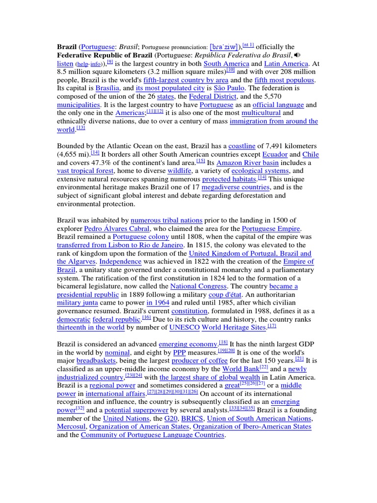 Brazil (Federative Republic of Brazil (Portuguese: República Federativa ...