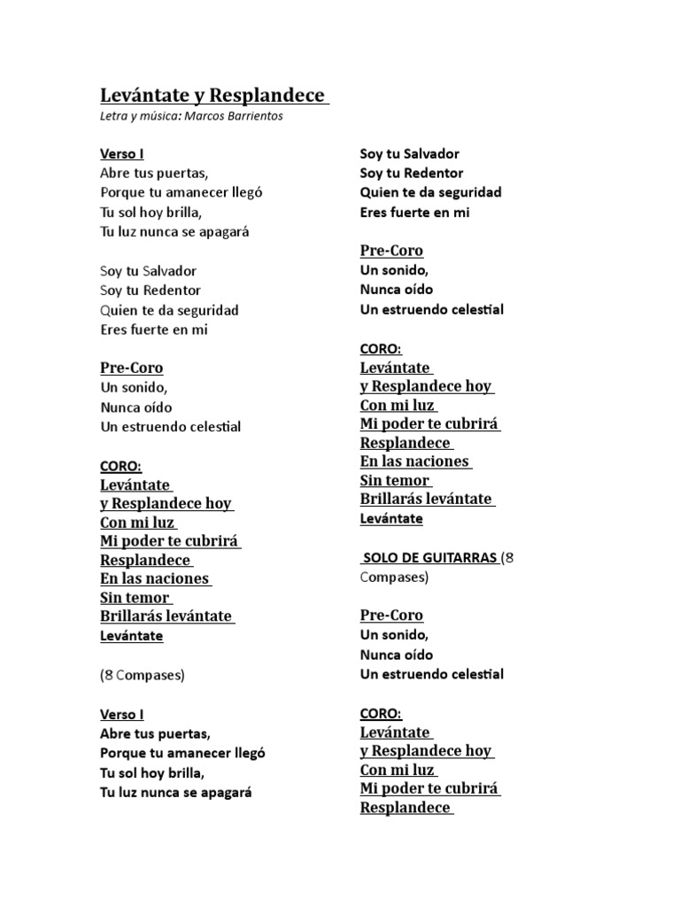 Letra de "Levántate y Resplandece" | PDF