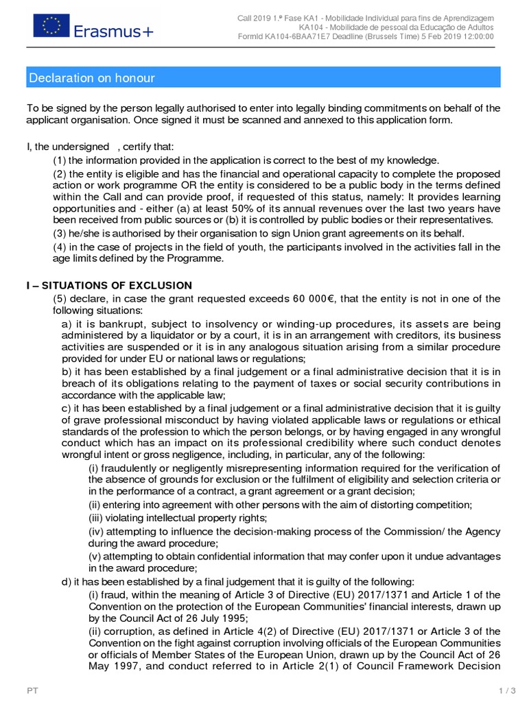 Declaration of Honour PT | PDF | European Union | Member State Of The ...