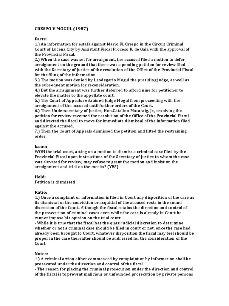 Crespo V Mogul Case Digest | PDF | Prosecutor | Separation Of Powers