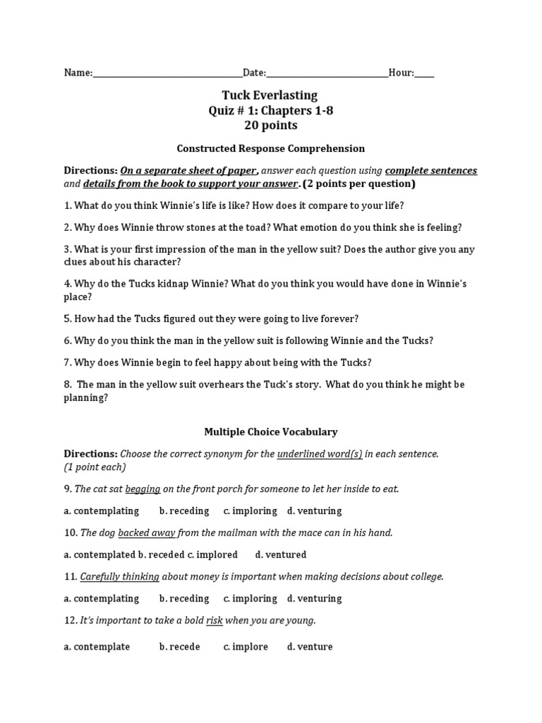 Tuck Everlasting Quiz # 1: Chapters 1-8 20 Points | PDF