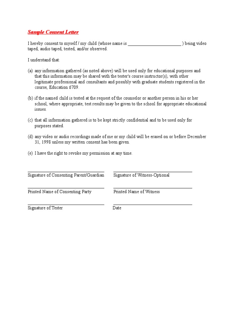 Sample Consent Form for Video/Audio Recording and Testing of a Child ...