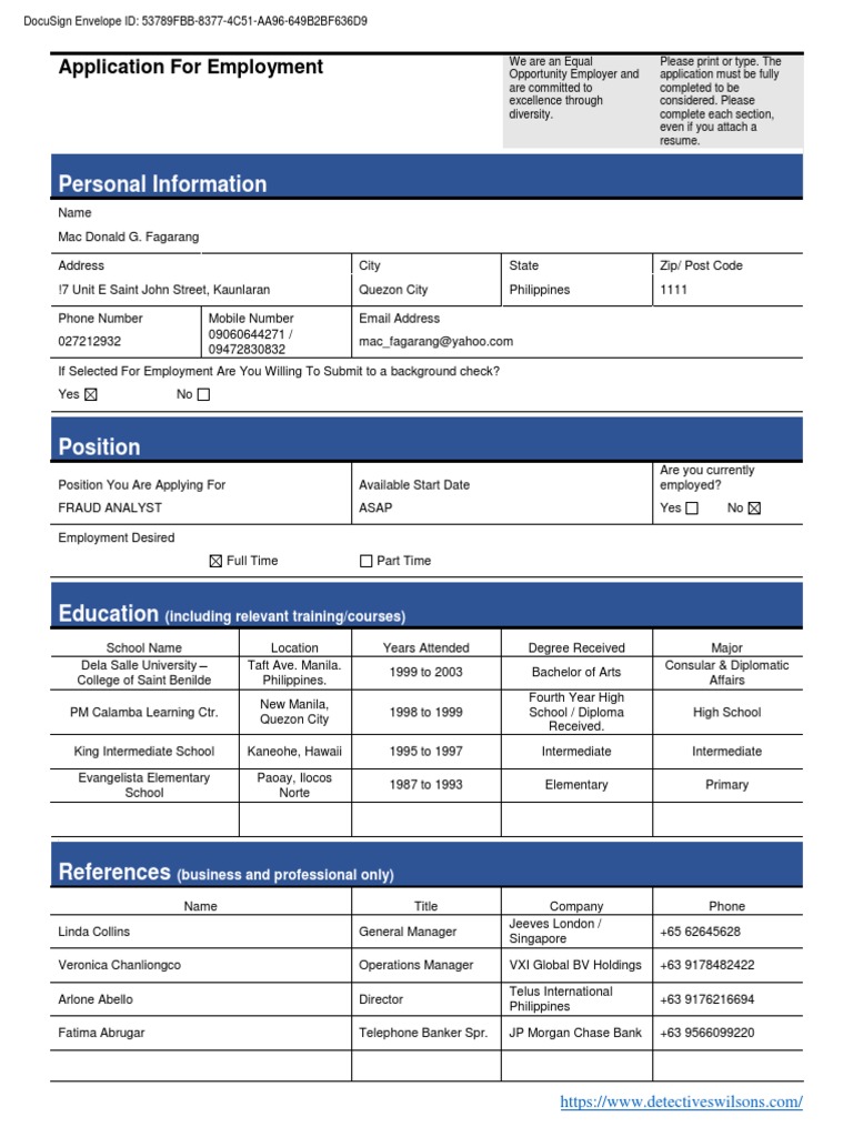 Employment Application for Fraud Analyst | PDF | Business