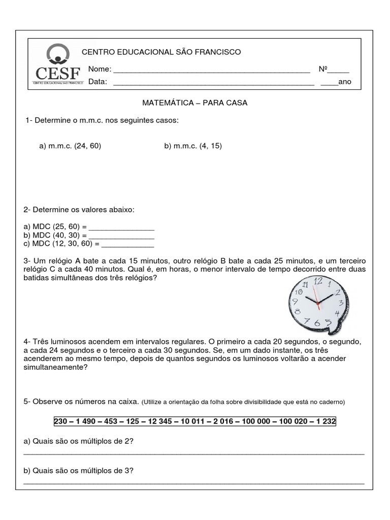 Atividade de Matemática sobre MDC, MMC, Divisibilidade e Fatores Primos ...