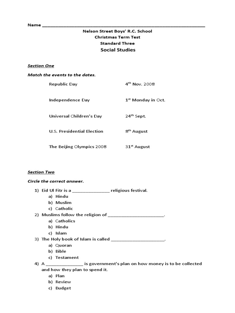 Standard Three Social Studies Test | PDF | Trinidad And Tobago