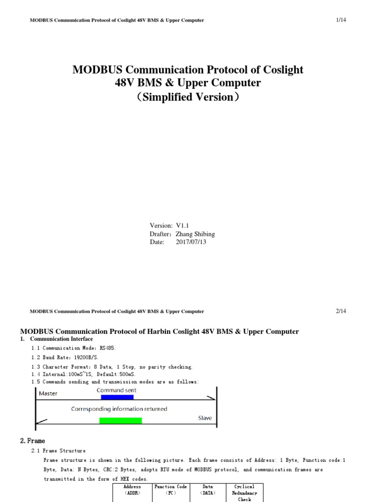 Coslight 48V BMS MODBUS Protocol Guide | PDF | Computer Data | Computer Architecture