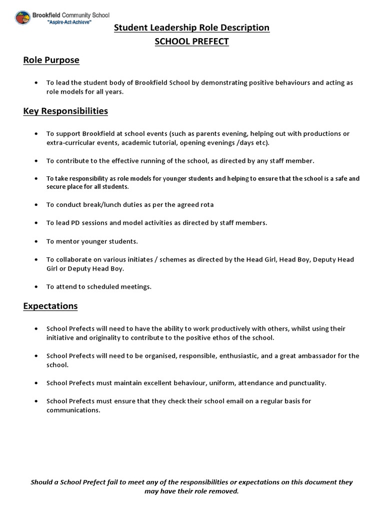 Student Leadership Role Description School Prefect Role Purpose | PDF