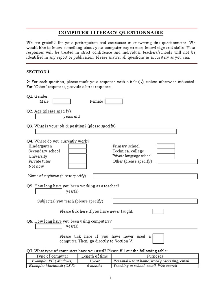 Computer Literacy Questionnaire Pdf Pdf Application Software Web Page