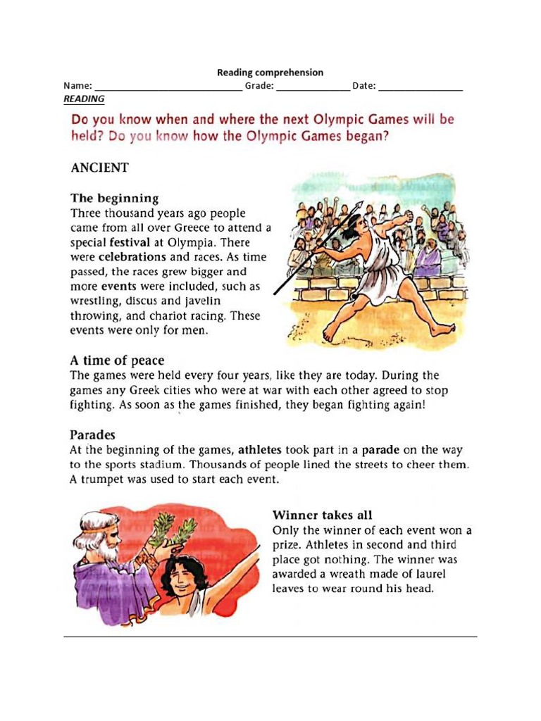 Reading Comprehension Olympic Games | PDF