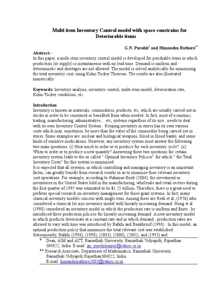 Multi Item Inventory Control Model With Space Constrains For ...