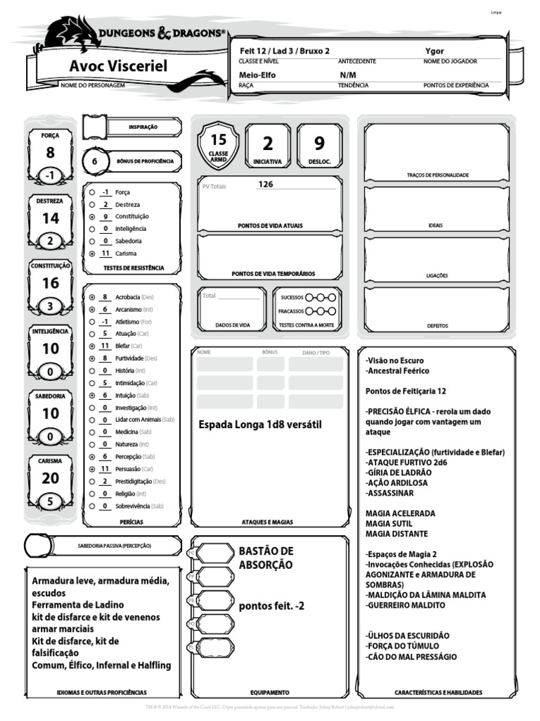 Ficha Feiticeiro RPG Boca | PDF | Lazer