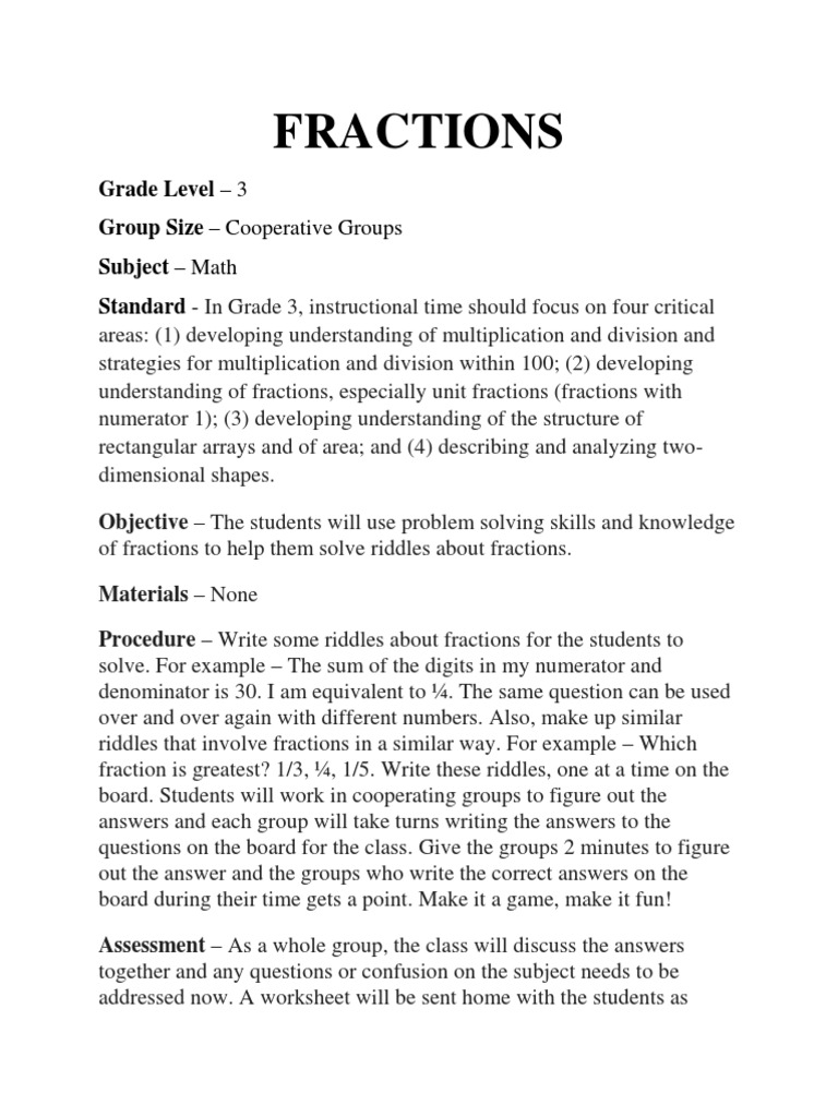 Fractions: Grade Level - 3 Group Size - Cooperative Groups Subject ...