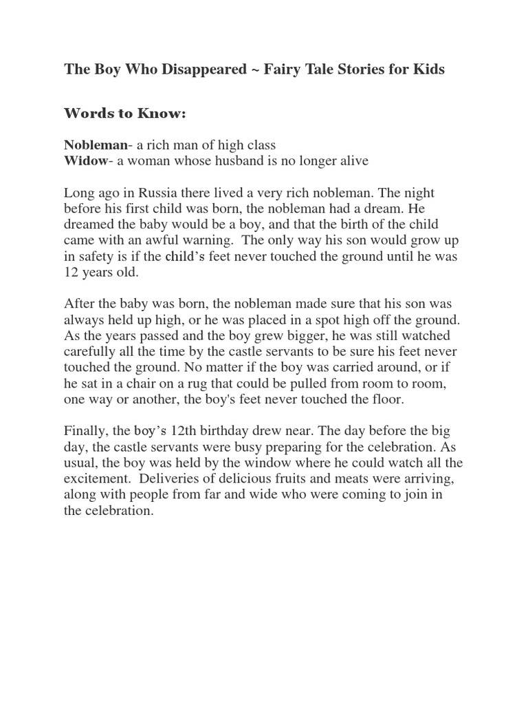 The Boy Who Disappeared Fairy Tale Stories For Kids | PDF