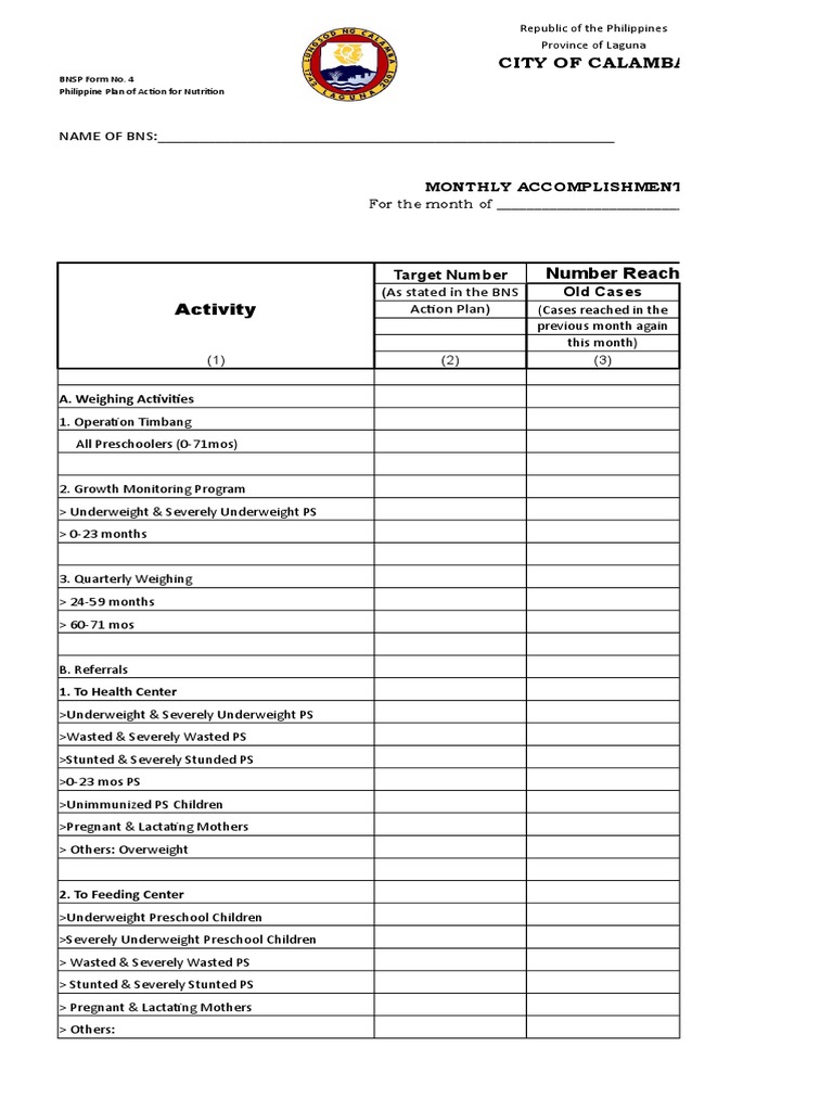 2017 BNS Monthly Accomplishment Report | PDF | Sanitation | Nutrition