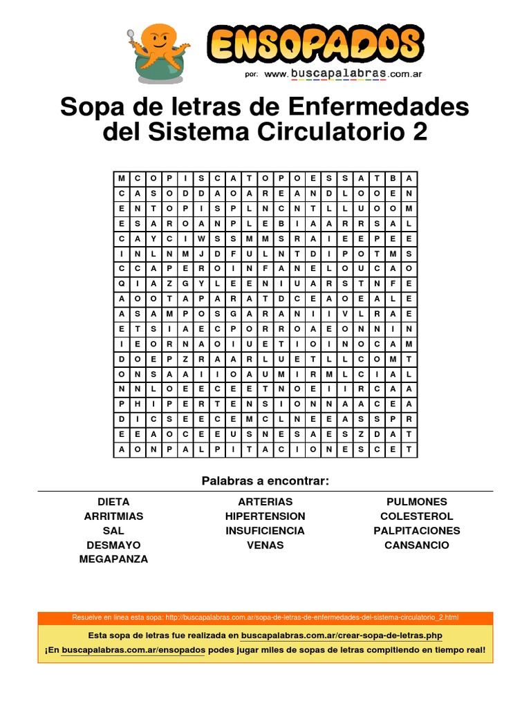 Sopa de Letras de Enfermedades Del Sistema Circulatorio 2 | PDF ...