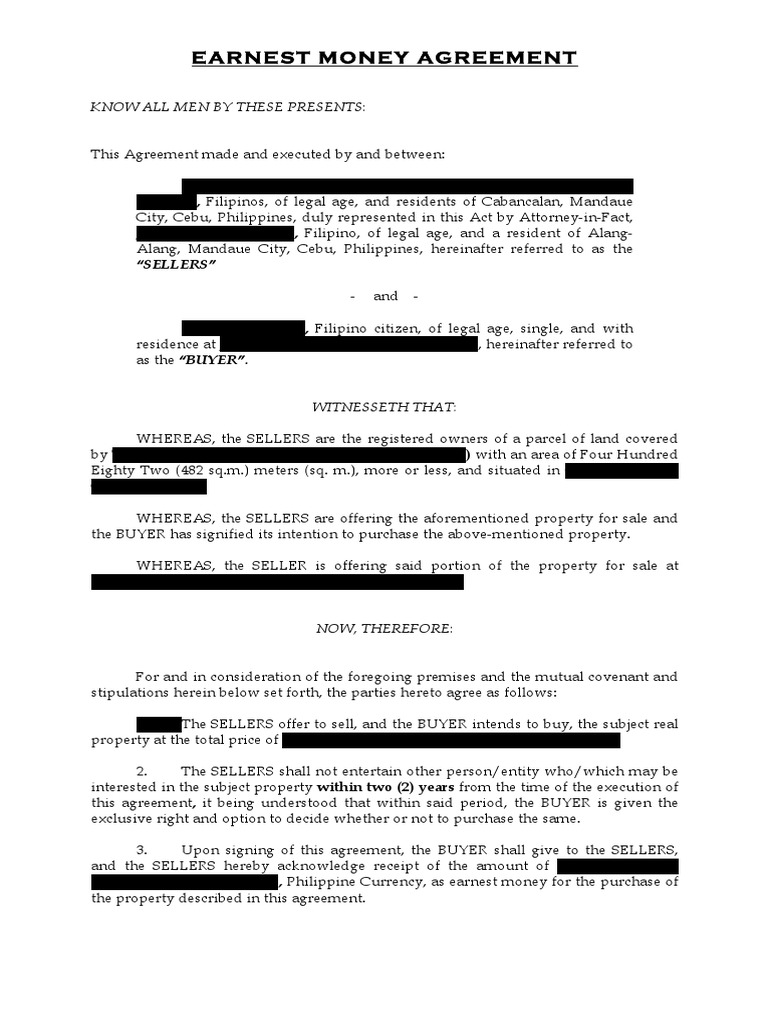 Sample Earnest Money Agreement | PDF | Title (Property) | Taxes