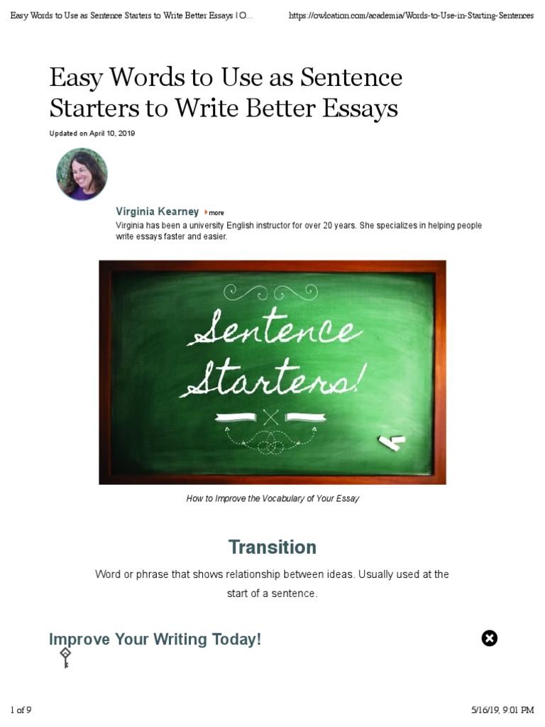 Easy Words To Use As Sentence Starters To Write Essays. | PDF | Essays ...
