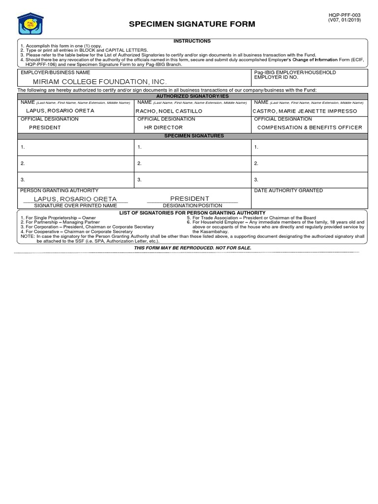 PFF003 SpecimenSignatureForm V07 | PDF | Signature | Government Information