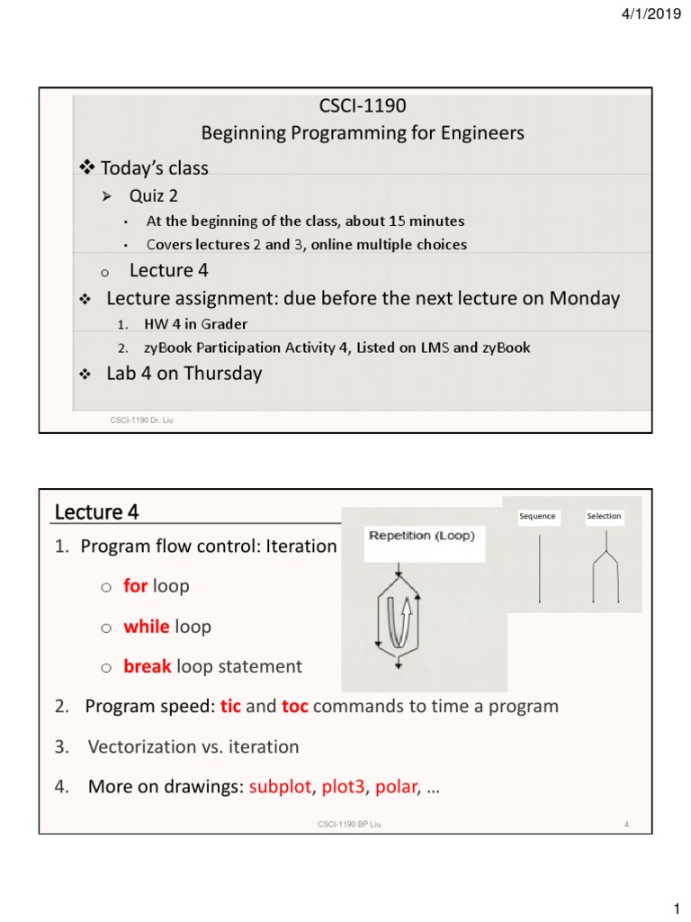 CSCI-1190 Beginning Programming For Engineers Today's Class | PDF | Control Flow | Computer ...