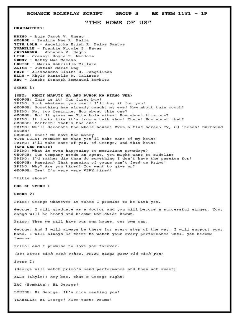 "The Hows of Us": Romance Roleplay Script Group 3 Be Stem 11Y1 - 1P | PDF