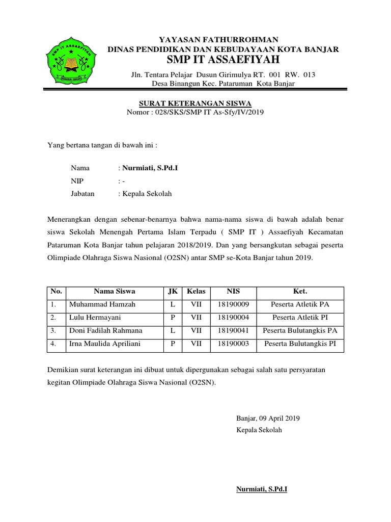 Surat Keterangan Siswa Lomba O2SN | PDF