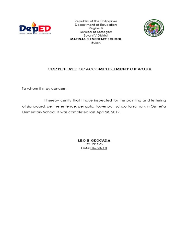 Certificate of Accomplishment of Work | PDF