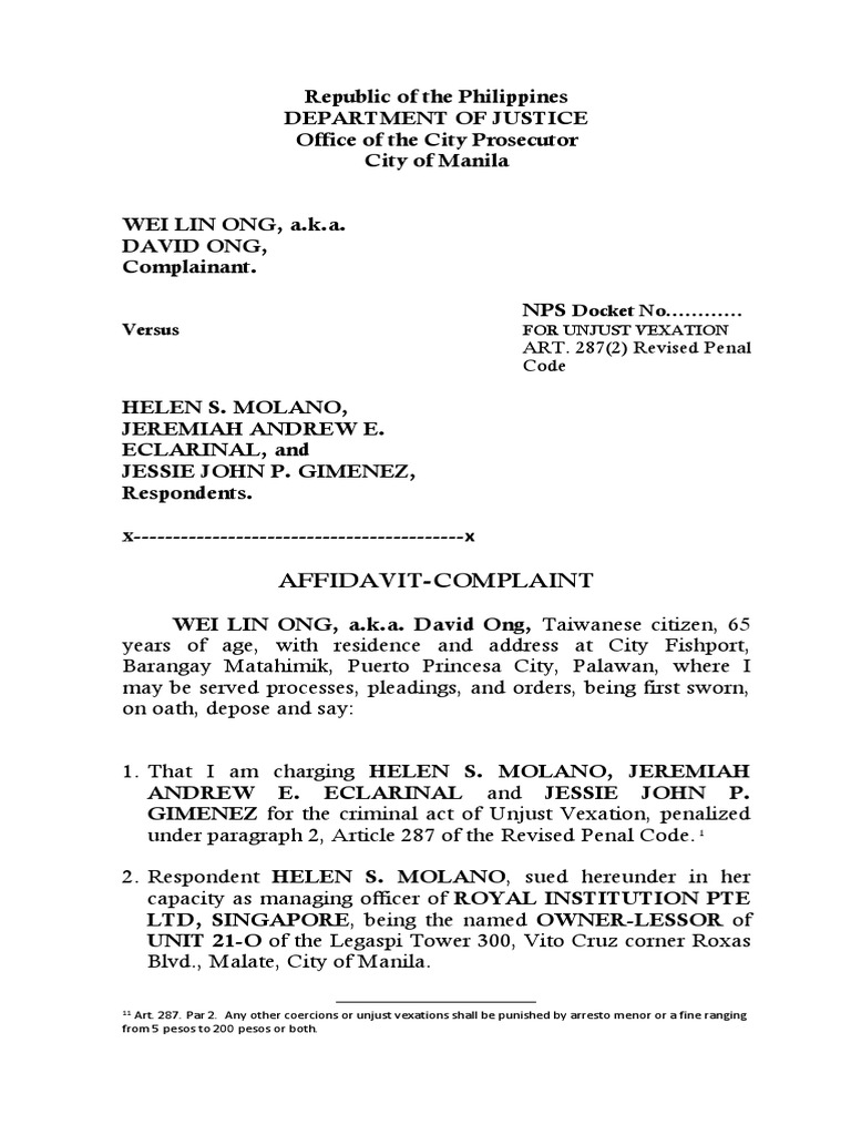 Complaint For Unjust Vexation - Wei | PDF | Lease | Government