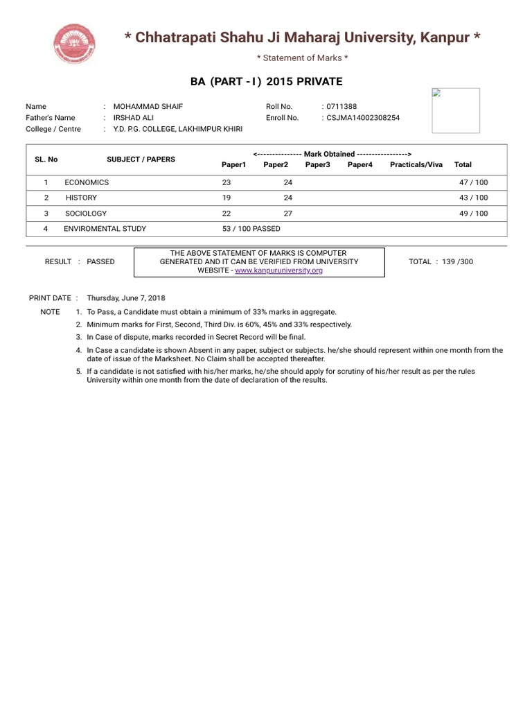 Chhatrapati Shahu Ji Maharaj University, Kanpur : BA (Part - I) 2015 ...