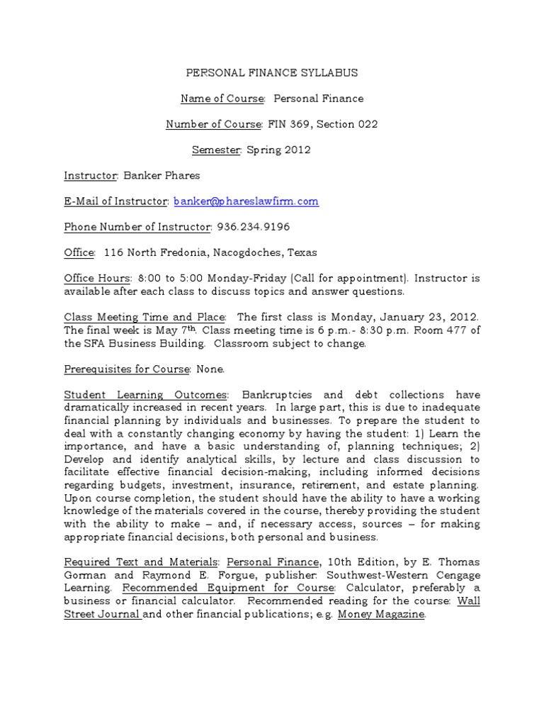 Personal Finance Course Syllabus | PDF | Stocks | Insurance