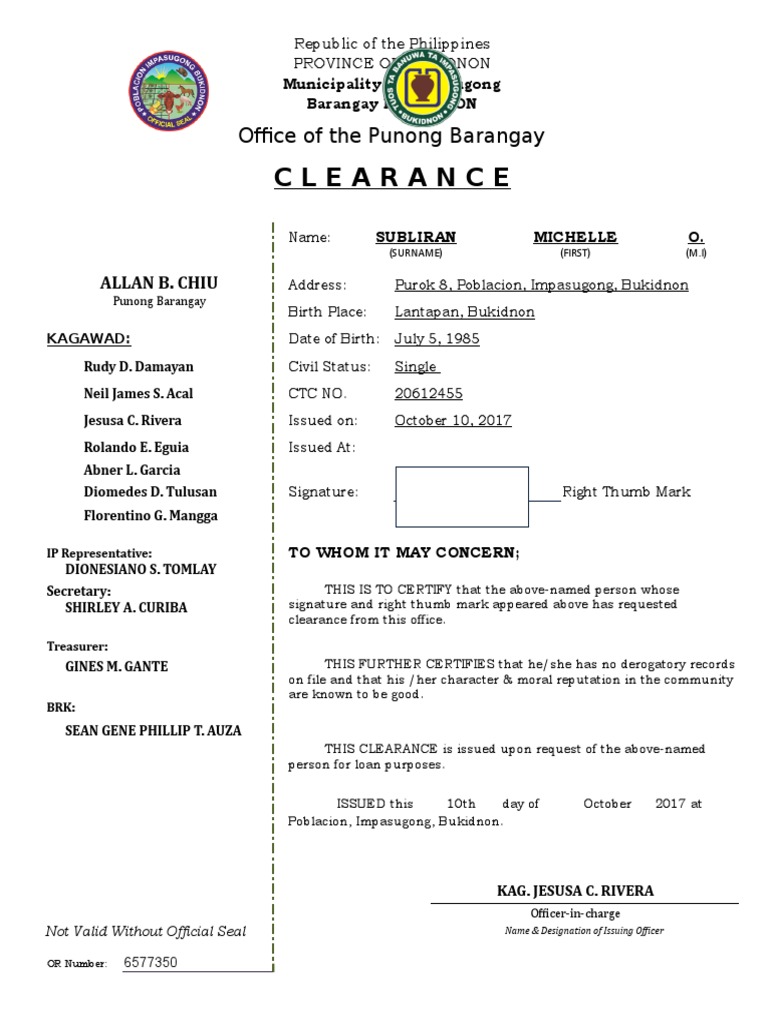 Clearance: Office of The Punong Barangay | PDF