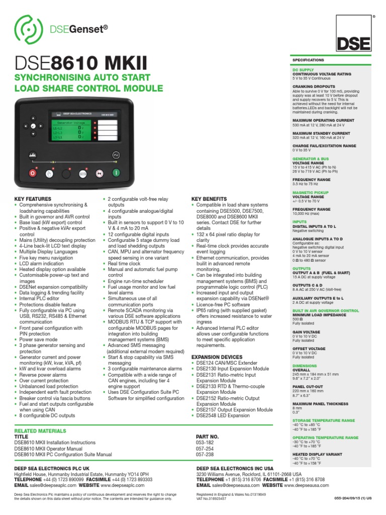 Dse8610 Mkii Data Sheet (Us) | PDF | Programmable Logic Controller | Mains Electricity