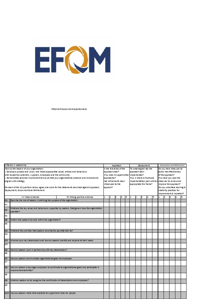 EFQM Self-Assessment Questionnaire PDF | PDF | Business Process ...
