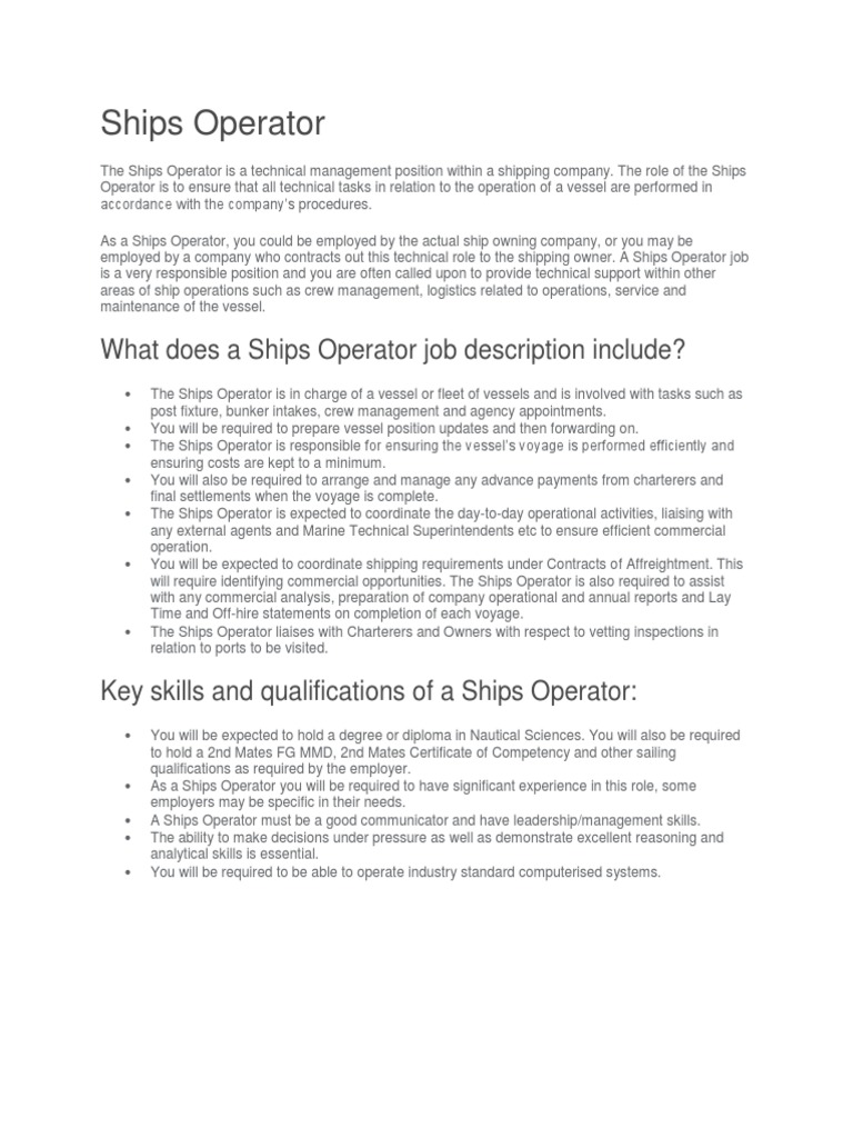 Ships Operator: What Does A Ships Operator Job Description Include ...