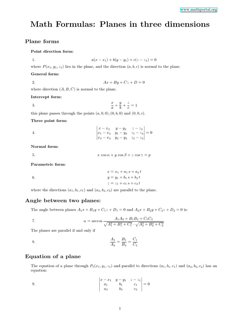 Planes Formulas PDF | PDF | Differential Geometry | Mathematical Concepts
