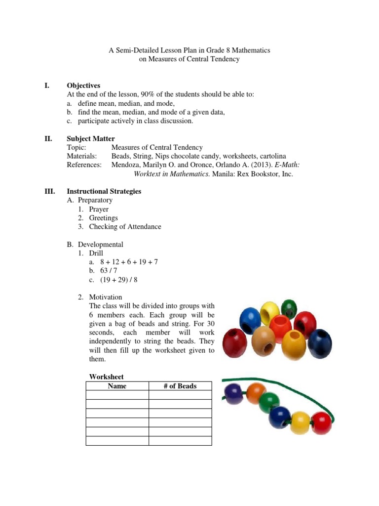 Grade 8 Lesson Plan: Central Tendency | PDF | Mean | Numbers