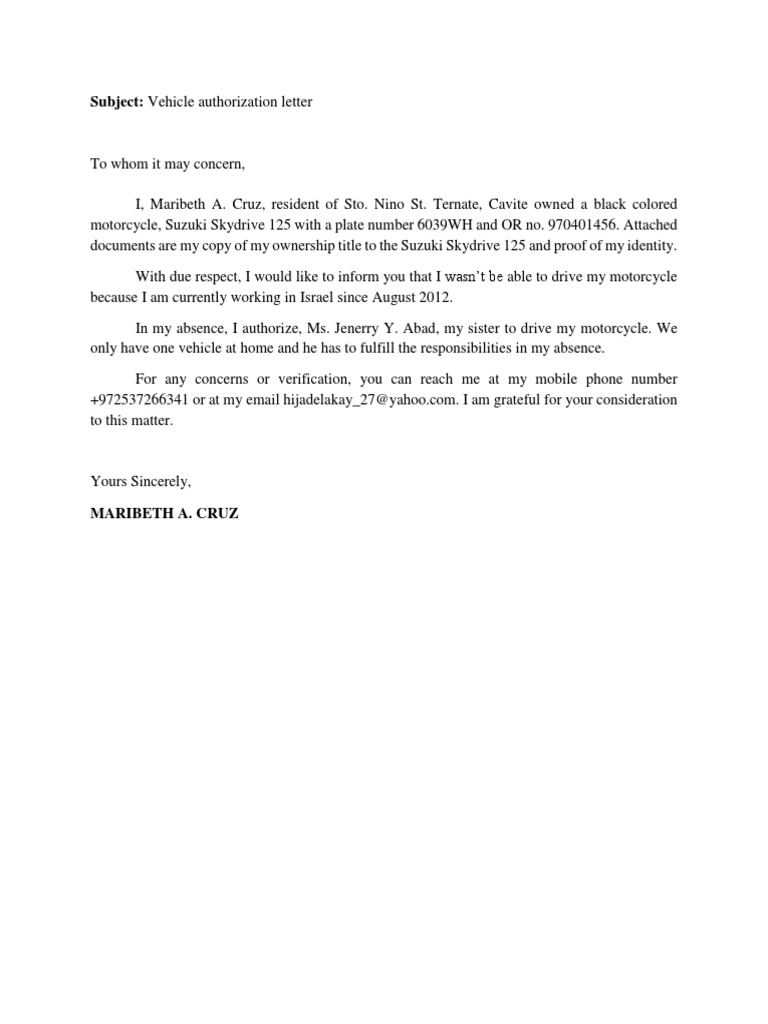 Motorcycle Authorization Letter | PDF